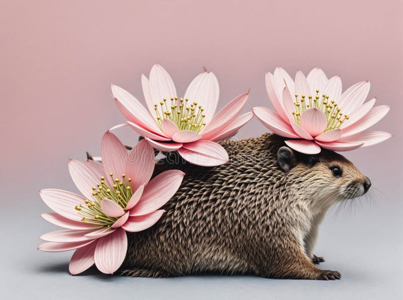 A Small Brown Animal with Pink Flowers on Its Head Stock Photo - Image ...