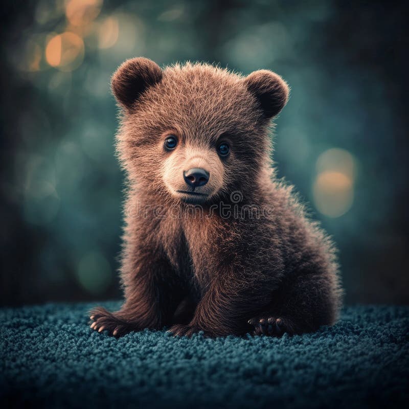 Cute Brown Bear Cub Sitting on Blue Fabric in a Forest Setting during ...