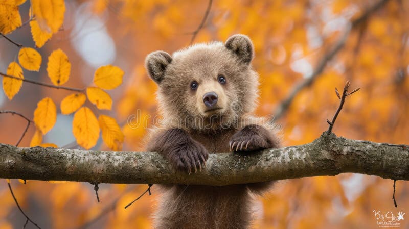 A Small Brown Bear Sitting on a Branch of an Oak Tree, AI Stock Photo ...