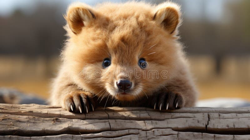 A Small Brown Bear is Sitting on a Log, AI Stock Photo - Image of ...