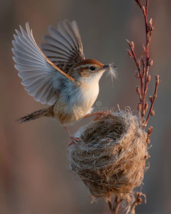 Small Brown Bird Building Nest with Wings Spread Stock Illustration ...