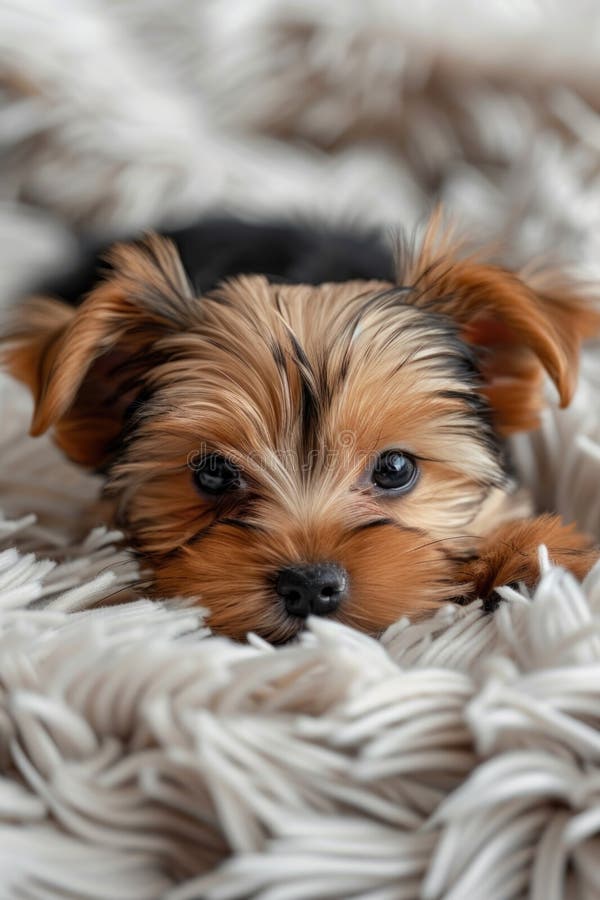 A Small Brown and Black Dog is Laying on a White Blanket Stock Image ...
