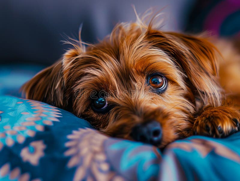 A Small Brown Dog Laying on a Bed Stock Image - Image of bedcover ...