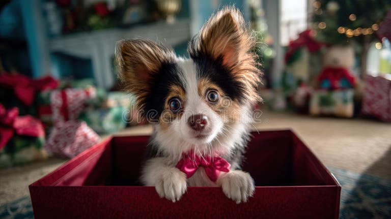 Small Brown Dog Sitting Inside a Cardboard Box on a White Background ...