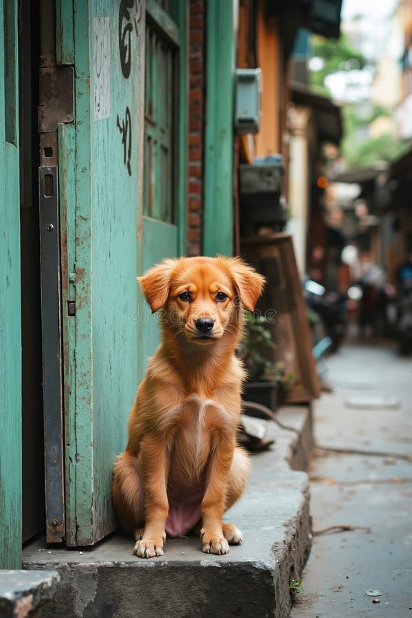 A Small Brown Dog Sitting on the Side of a Building Stock Photo - Image ...
