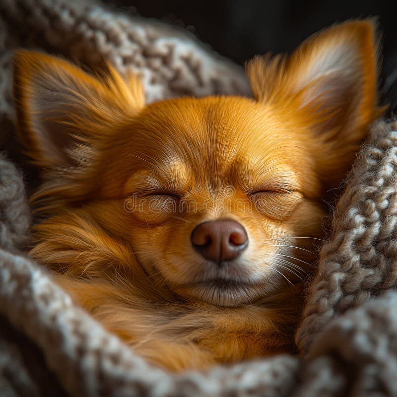 A Small Brown Dog Sleeping in a Blanket Stock Image - Image of pillow ...