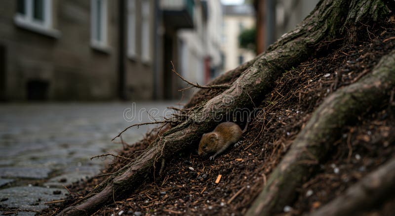 Small Brown Mouse Hiding Under Tree Roots in Urban Environment Stock ...