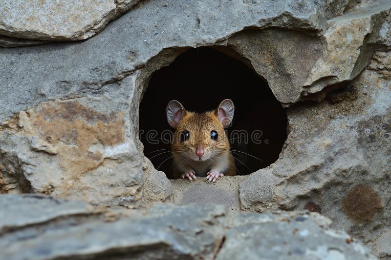 A Small Brown Mouse Peeking Out of a Hole in a Stone Wall Stock Photo ...