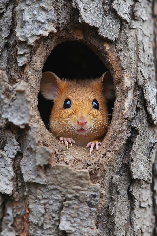 A Small Brown Mouse Peeking Out of a Hole in a Tree Stock Image - Image ...