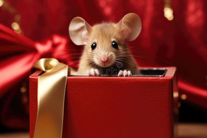 A Small Brown Mouse Popping Out of a Shiny Red Gift Box Stock Photo ...