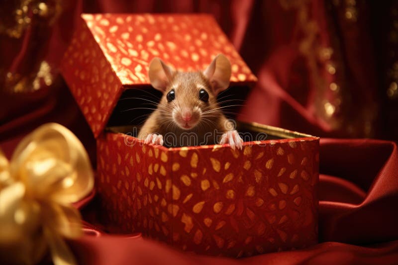 A Small Brown Mouse Popping Out of a Shiny Red Gift Box Stock ...