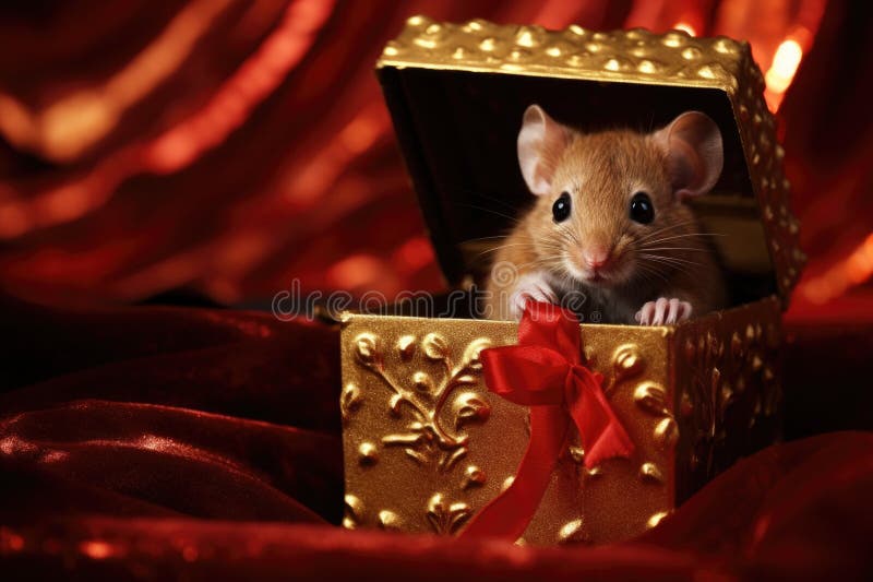 A Small Brown Mouse Popping Out of a Shiny Red Gift Box Stock ...
