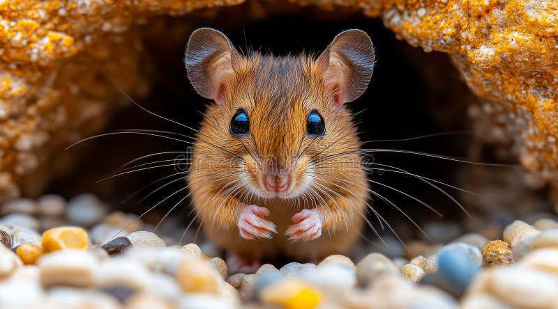 A Small Brown Mouse is Standing in a Hole in the Ground Stock Image ...