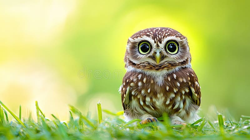A Small, Brown Owl with Large, Round Eyes Sits in a Bed of Green Grass ...