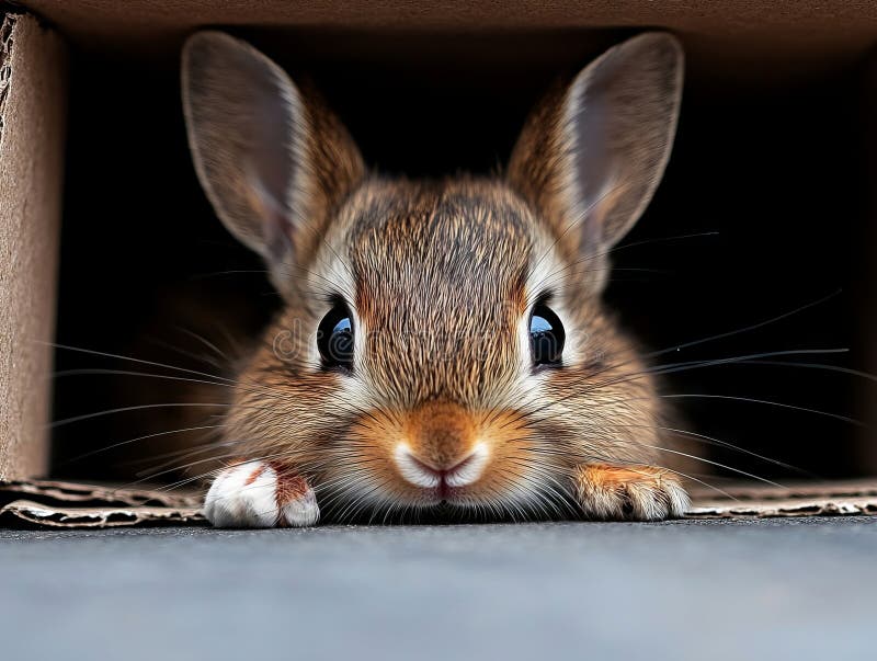 A Small Brown Rabbit Peeking Out of a Cardboard Box Stock Photo - Image ...