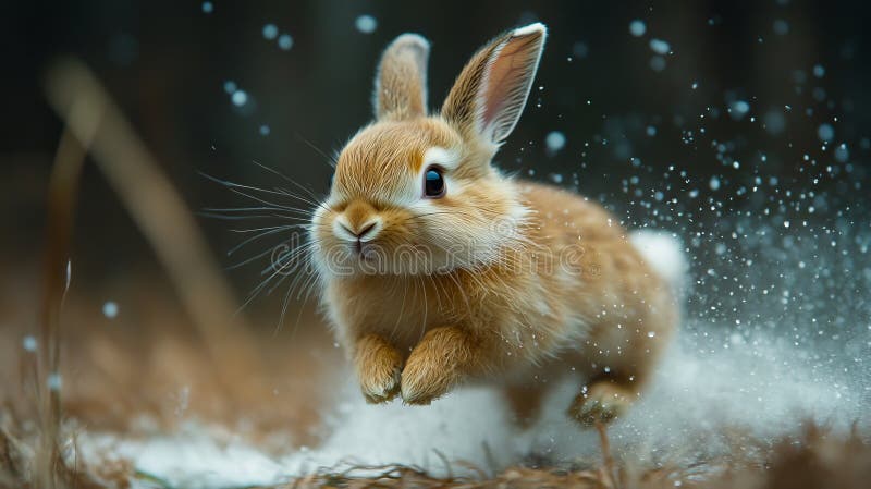 A Small Brown Rabbit Running through the Snow in the Woods Stock Image ...