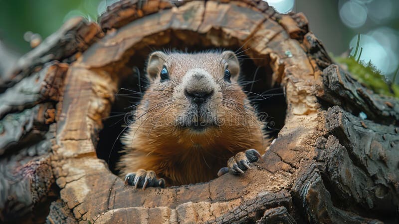 A Small Brown Squirrel is Peeking Out of a Hole in a Tree Trunk Stock ...