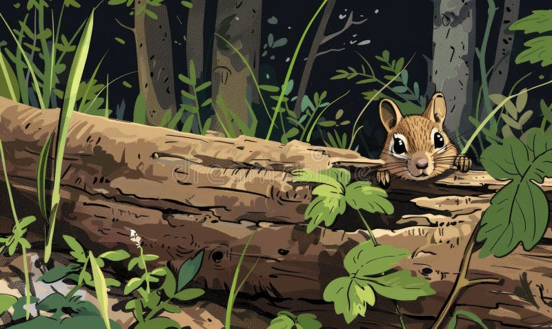 A Small Brown Squirrel is Peeking Out from Under a Log in a Forest ...