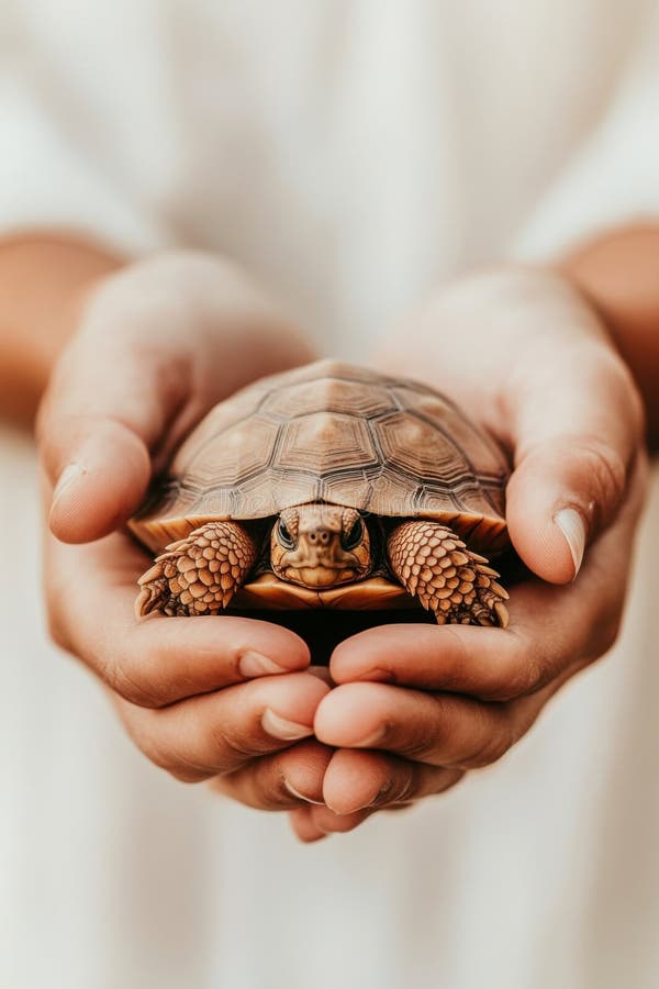 Small Brown Turtle Rests Gently within Two Hands. Shell Pattern Detail ...