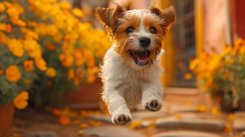Small Brown and White Dog Running Down Sidewalk Stock Photo - Image of ...