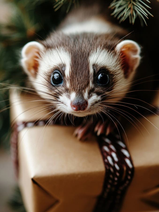 A Small Brown and White Ferret with Black Eyes is Looking at the Camera ...