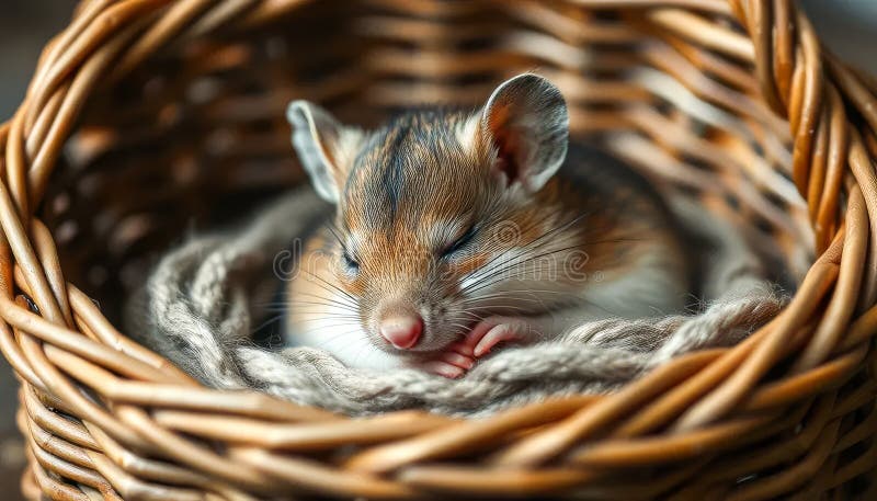 Small Brown and White Mouse is Sleeping in a Basket Stock Photo - Image ...
