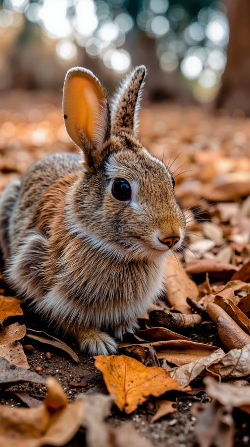 A Small Rabbit Sitting on the Ground Surrounded by Leaves Stock ...