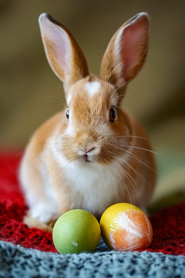 A Small Brown and White Rabbit Sitting Next To Two Colorful Eggs ...