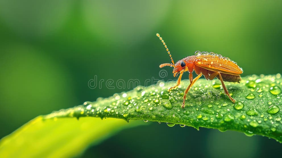 A Small Bug Sits on the Edge of a Leaf Covered in Tiny Water Droplets ...