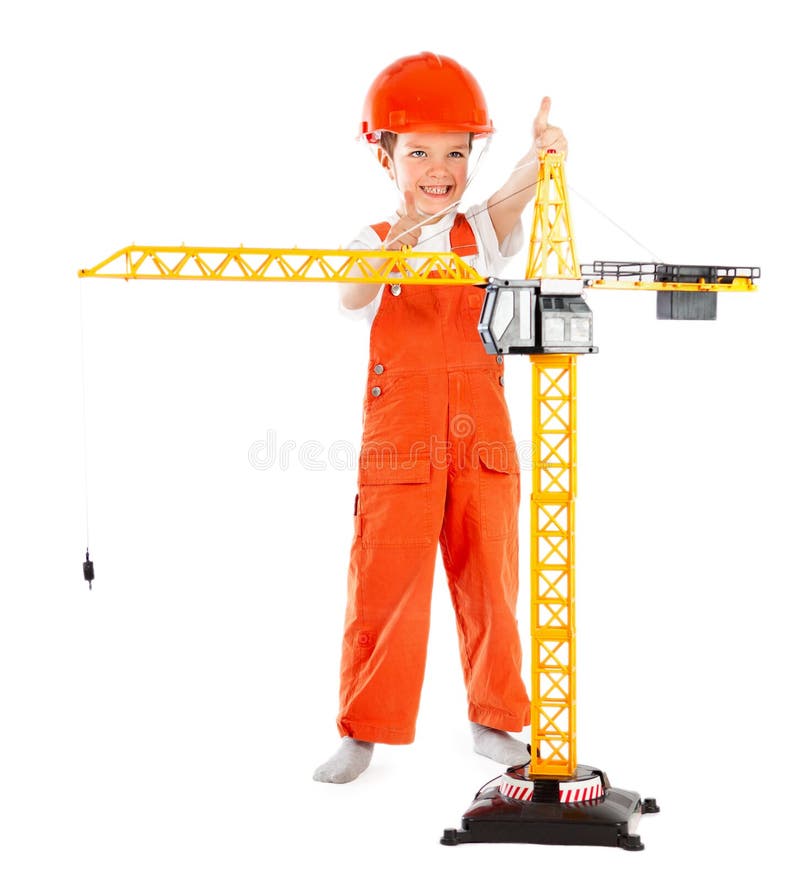 Small Builder and Crane on White Background Stock Image - Image of ...