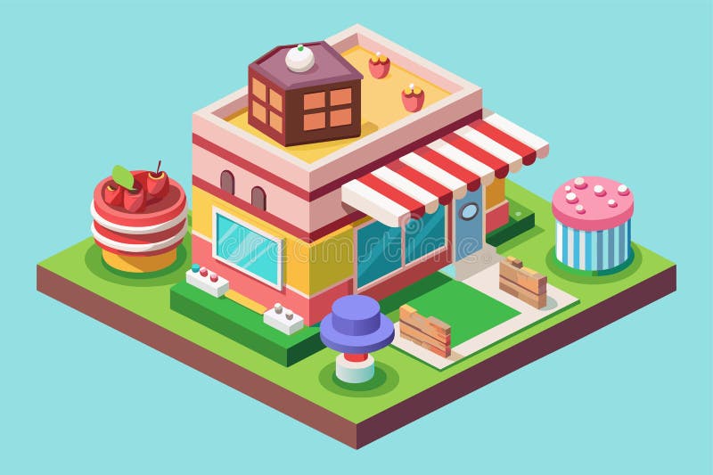 A Small Building Featuring a Red and White Striped Awning, Cake Shop ...