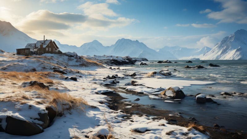Arctic Tundra: a Romanticized Snow-covered House by the Ocean Stock ...