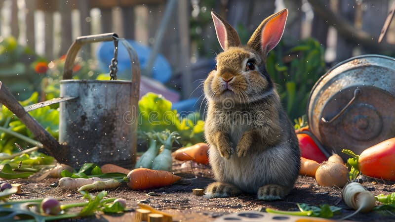 Grumpy Bunny Amidst Scattered Vegetables and Watering Can Stock ...