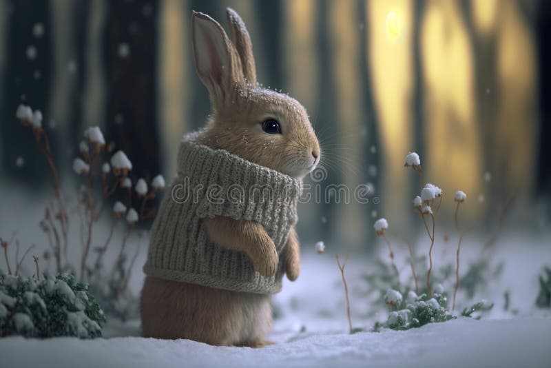 Small Bunny with Coat in the Forest on a Snowy Winter Day. Generative ...