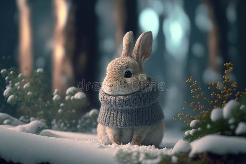 Small Bunny with Coat in the Forest on a Snowy Winter Day. Generative ...