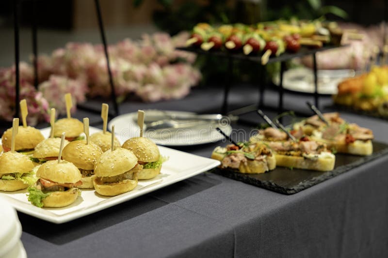 Small Burgers at a Restaurant Catering Stock Image - Image of table ...