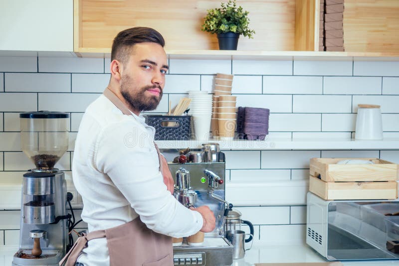 Small Business Concept , Man Making Fresh Coffee in Cafe Stock Image ...