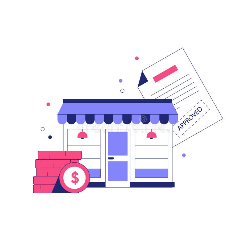 Small Business Storefront with Loan Document and Coins in Flat Vector ...
