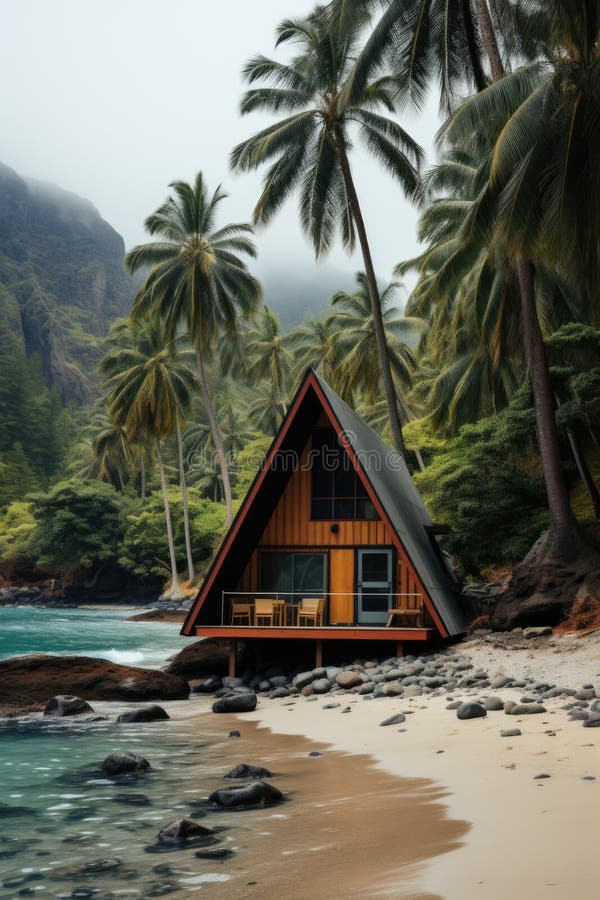 A Small Cabin on a Beach with Palm Trees, AI Stock Image - Image of ...