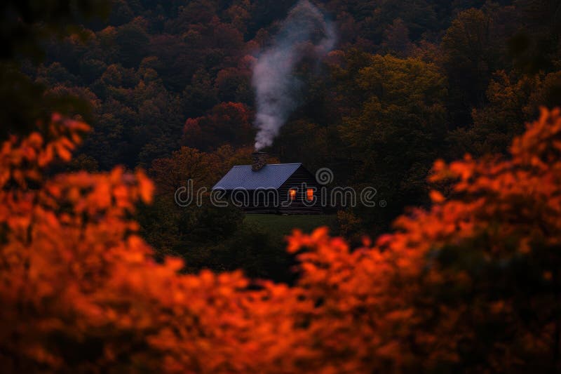 A Small Cabin Emits Smoke, Nestled Peacefully in a Natural Setting ...