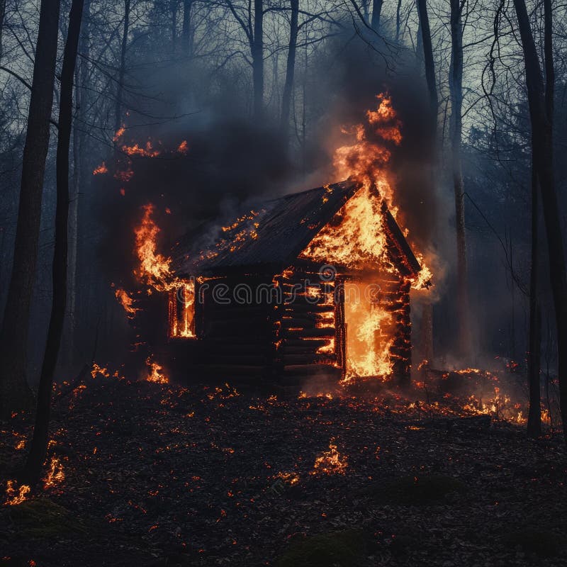 A Small Cabin Engulfed in Flames, the Wooden Walls Blackened and ...