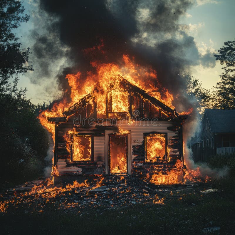 A Small Cabin Engulfed in Flames, the Wooden Walls Blackened and ...