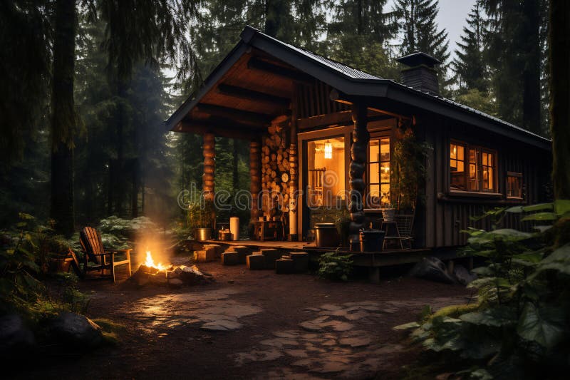 Small Cabin with Fire in Woods Stock Image - Image of rustic, dusk ...