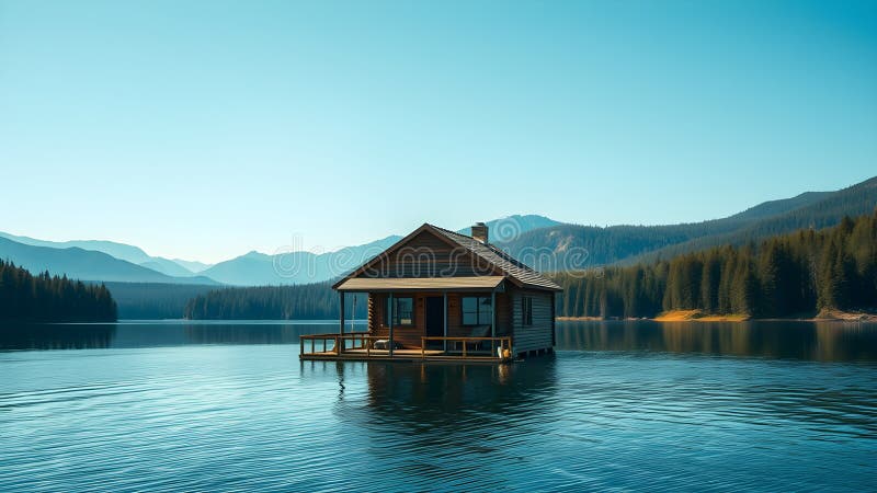 A Small Cabin is Floating on a Lake Surrounded by Mountains Stock ...