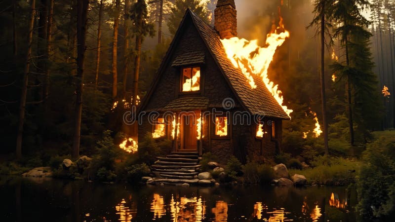 A Small Cabin in the Middle of a Forest on Fire Stock Video - Video of ...