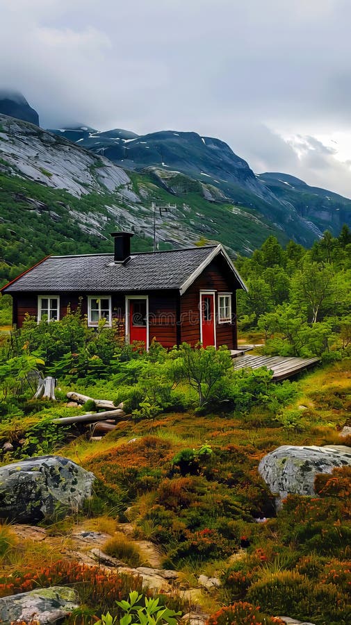 A Small Cabin in the Mountains with Rocks and Trees Stock Photo - Image ...