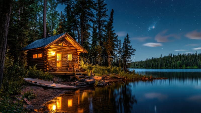 A Small Cabin Sits on a Lake at Night, AI Stock Photo - Image of water ...