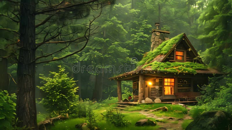 A Small Cabin Sits in the Middle of a Dense Forest Clearing, a Cozy ...