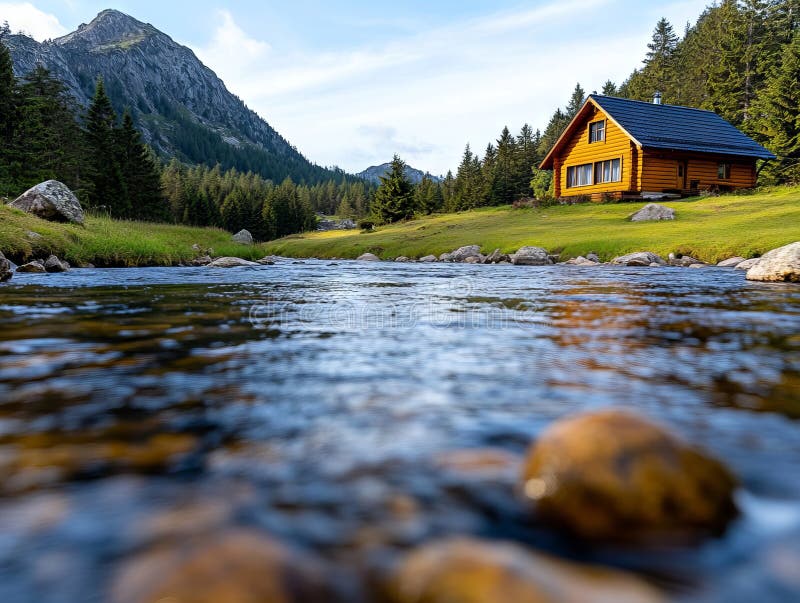 A Small Cabin Sits on the Shore of a Mountain Stream Stock Photo ...