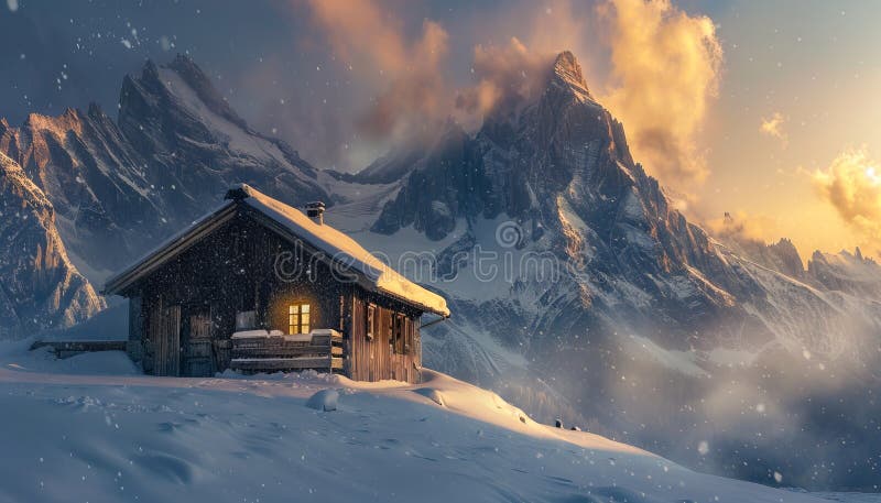A Small Cabin in the Snow with Mountains in the Background Stock Photo ...